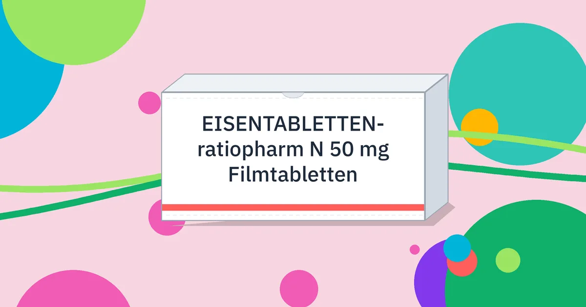 Symbolbild: Packung mit der Aufschrift EISENTABLETTEN-ratiopharm N 50 mg Filmtabletten (PZN 06957905) – Verfügbarkeit und Bezug in Apotheken in Frankfurt am Main