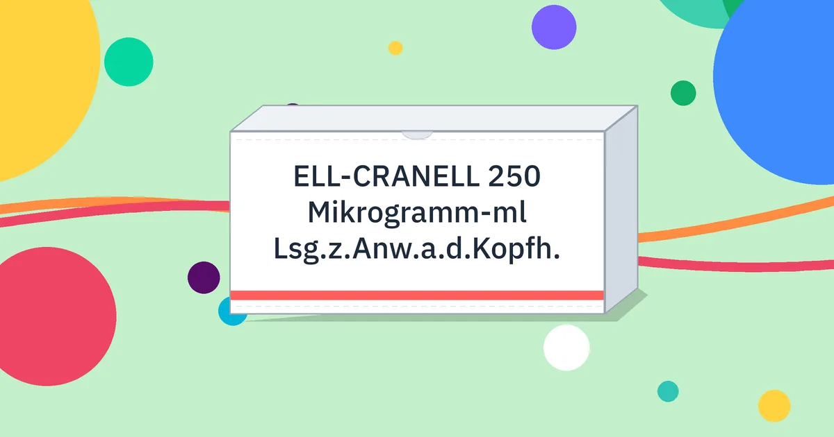 Symbolbild: Packung mit der Aufschrift ELL-CRANELL 250 Mikrogramm-ml Lsg.z.Anw.a.d.Kopfh. (PZN 10941790) – Verfügbarkeit und Bezug in Apotheken in Frankfurt am Main