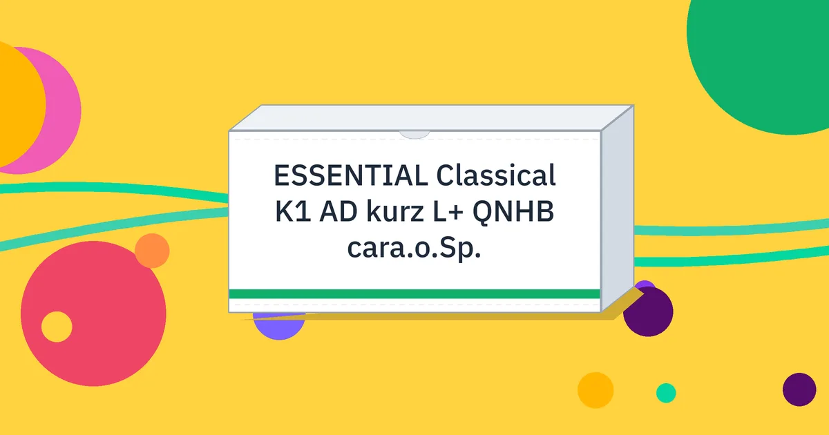 Symbolbild: Packung mit der Aufschrift ESSENTIAL Classical K1 AD kurz L+ QNHB cara.o.Sp. (PZN 18866332) – Verfügbarkeit und Bezug in Apotheken in Frankfurt am Main