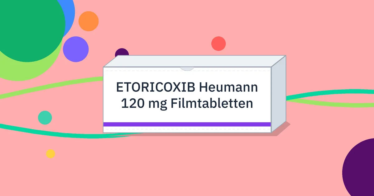 Symbolbild: Packung mit der Aufschrift ETORICOXIB Heumann 120 mg Filmtabletten (PZN 12545213) – Verfügbarkeit und Bezug in Apotheken in Frankfurt am Main