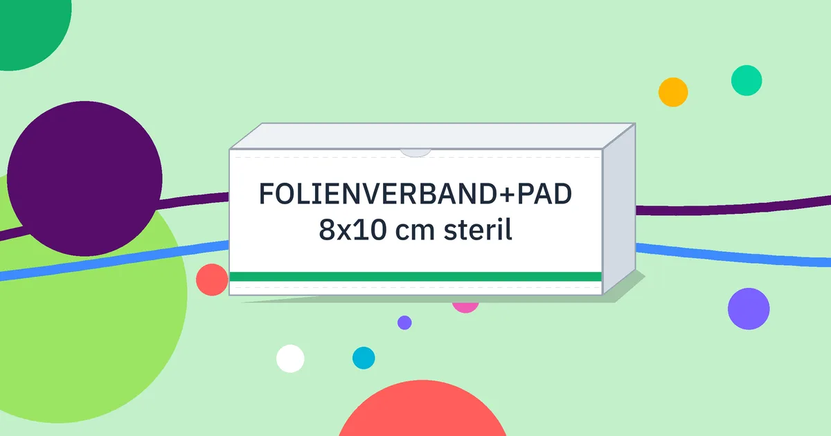 Symbolbild: Packung mit der Aufschrift FOLIENVERBAND+PAD 8x10 cm steril (PZN 17558640) – Verfügbarkeit und Bezug in Apotheken in Frankfurt am Main