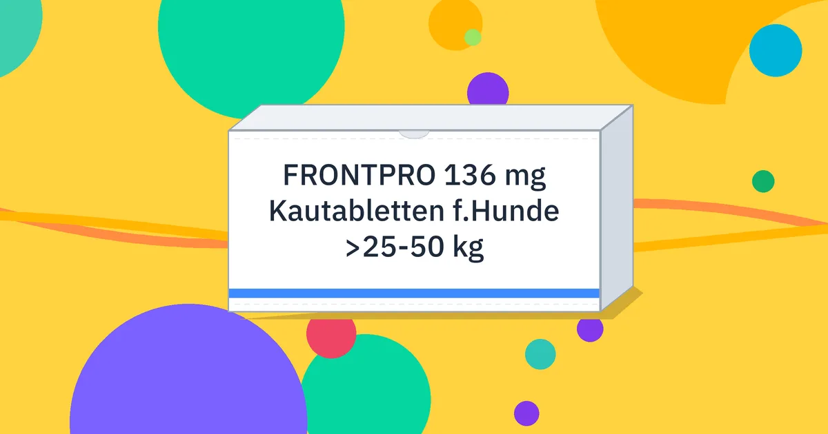 Symbolbild: Packung mit der Aufschrift FRONTPRO 136 mg Kautabletten f.Hunde >25-50 kg (PZN 18654305) – Verfügbarkeit und Bezug in Apotheken in Frankfurt am Main