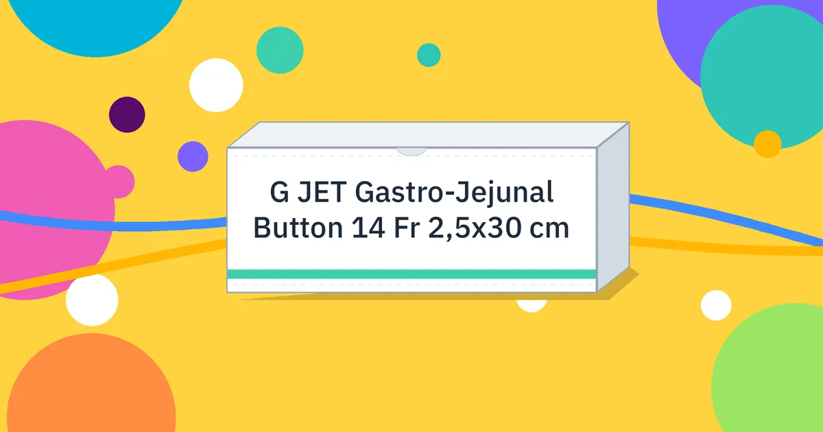 Symbolbild: Packung mit der Aufschrift G JET Gastro-Jejunal Button 14 Fr 2,5x30 cm (PZN 14342833) – Verfügbarkeit und Bezug in Apotheken in Frankfurt am Main