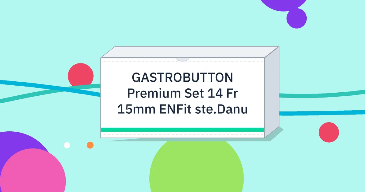 Symbolbild: Packung mit der Aufschrift GASTROBUTTON Premium Set 14 Fr 15mm ENFit ste.Danu (PZN 16883415) – Verfügbarkeit und Bezug in Apotheken in Frankfurt am Main
