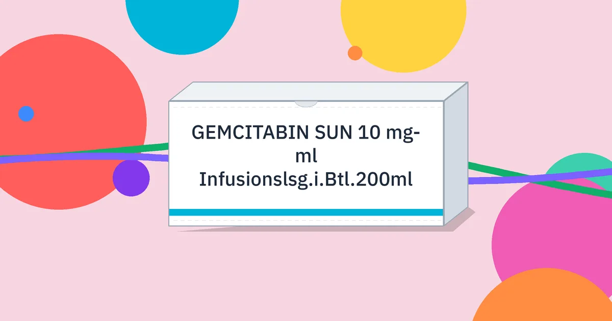 Symbolbild: Packung mit der Aufschrift GEMCITABIN SUN 10 mg-ml Infusionslsg.i.Btl.200ml (PZN 11305820) – Verfügbarkeit und Bezug in Apotheken in Frankfurt am Main
