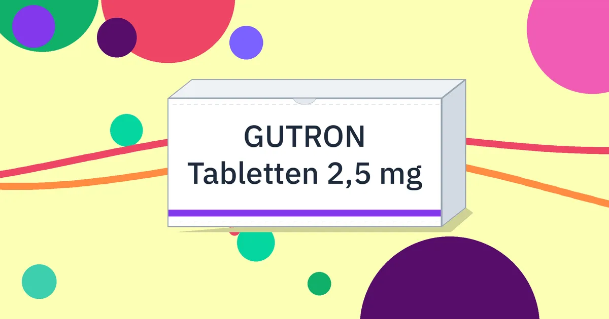 Symbolbild: Packung mit der Aufschrift GUTRON Tabletten 2,5 mg (PZN 03337160) – Verfügbarkeit und Bezug in Apotheken in Frankfurt am Main