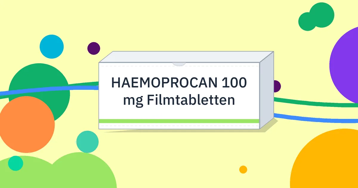 Symbolbild: Packung mit der Aufschrift HAEMOPROCAN 100 mg Filmtabletten (PZN 16583653) – Verfügbarkeit und Bezug in Apotheken in Frankfurt am Main