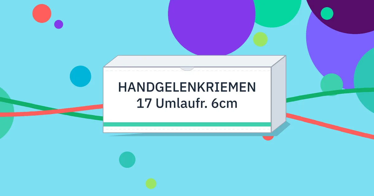 Symbolbild: Packung mit der Aufschrift HANDGELENKRIEMEN 17 Umlaufr. 6cm (PZN 01962669) – Verfügbarkeit und Bezug in Apotheken in Frankfurt am Main