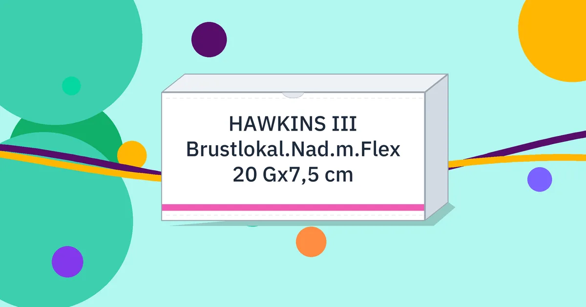 Symbolbild: Packung mit der Aufschrift HAWKINS III Brustlokal.Nad.m.Flex 20 Gx7,5 cm (PZN 06772270) – Verfügbarkeit und Bezug in Apotheken in Frankfurt am Main