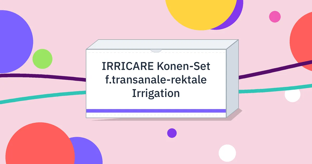 Symbolbild: Packung mit der Aufschrift IRRICARE Konen-Set f.transanale-rektale Irrigation (PZN 19851249) – Verfügbarkeit und Bezug in Apotheken in Frankfurt am Main