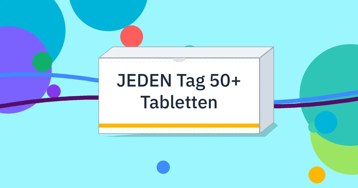 Symbolbild: Packung mit der Aufschrift JEDEN Tag 50+ Tabletten (PZN 17965227) – Verfügbarkeit und Bezug in Apotheken in Frankfurt am Main