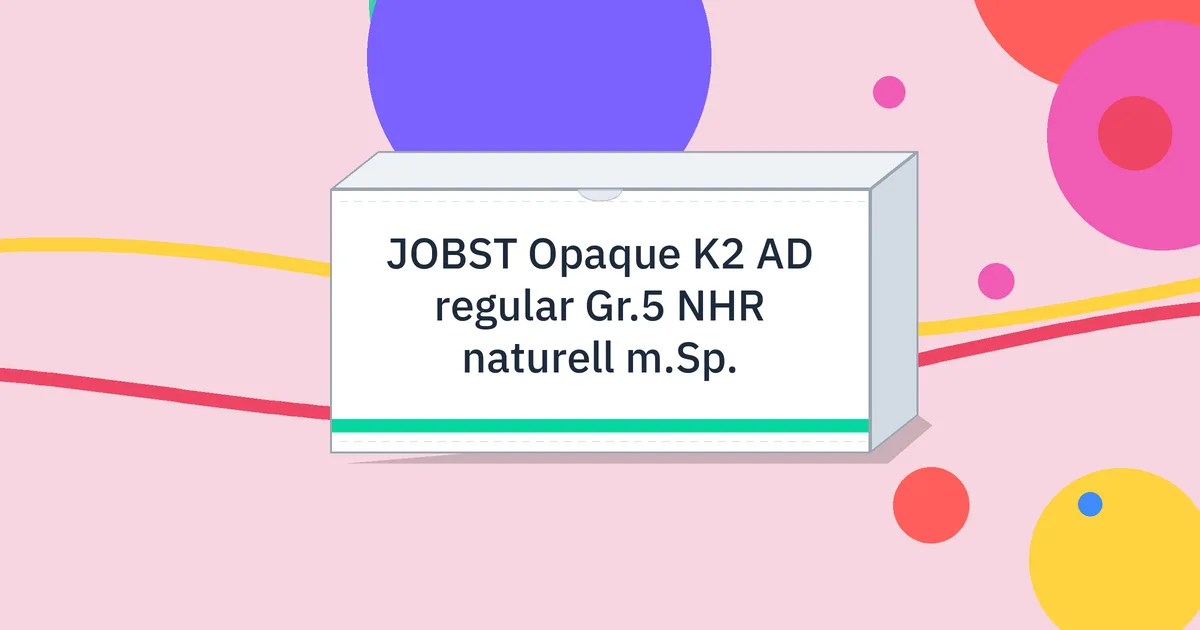 Symbolbild: Packung mit der Aufschrift JOBST Opaque K2 AD regular Gr.5 NHR naturell m.Sp. (PZN 13110606) – Verfügbarkeit und Bezug in Apotheken in Frankfurt am Main