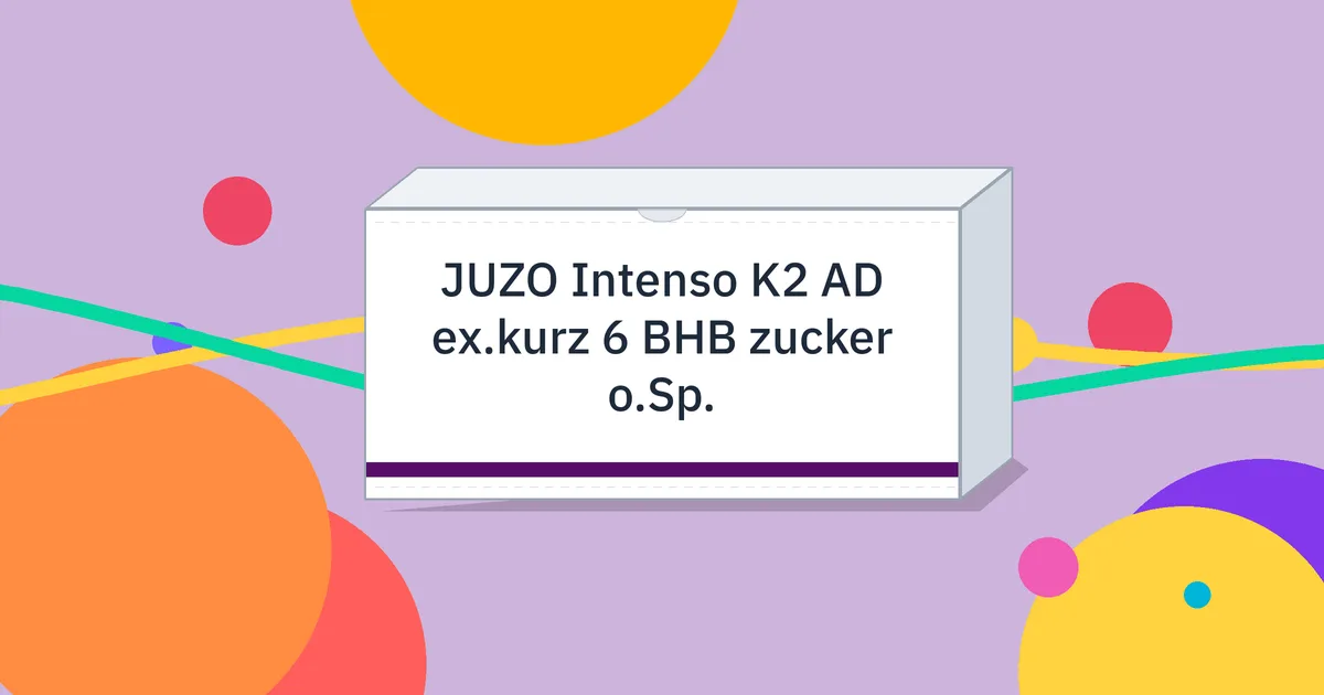 Symbolbild: Packung mit der Aufschrift JUZO Intenso K2 AD ex.kurz 6 BHB zucker o.Sp. (PZN 18625410) – Verfügbarkeit und Bezug in Apotheken in Frankfurt am Main