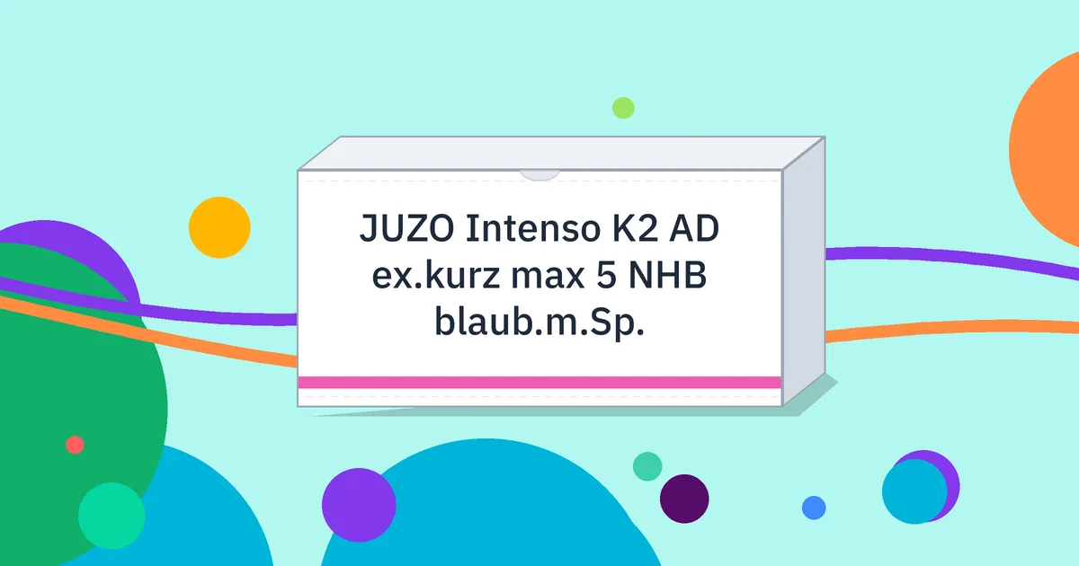 Symbolbild: Packung mit der Aufschrift JUZO Intenso K2 AD ex.kurz max 5 NHB blaub.m.Sp. (PZN 18610472) – Verfügbarkeit und Bezug in Apotheken in Frankfurt am Main