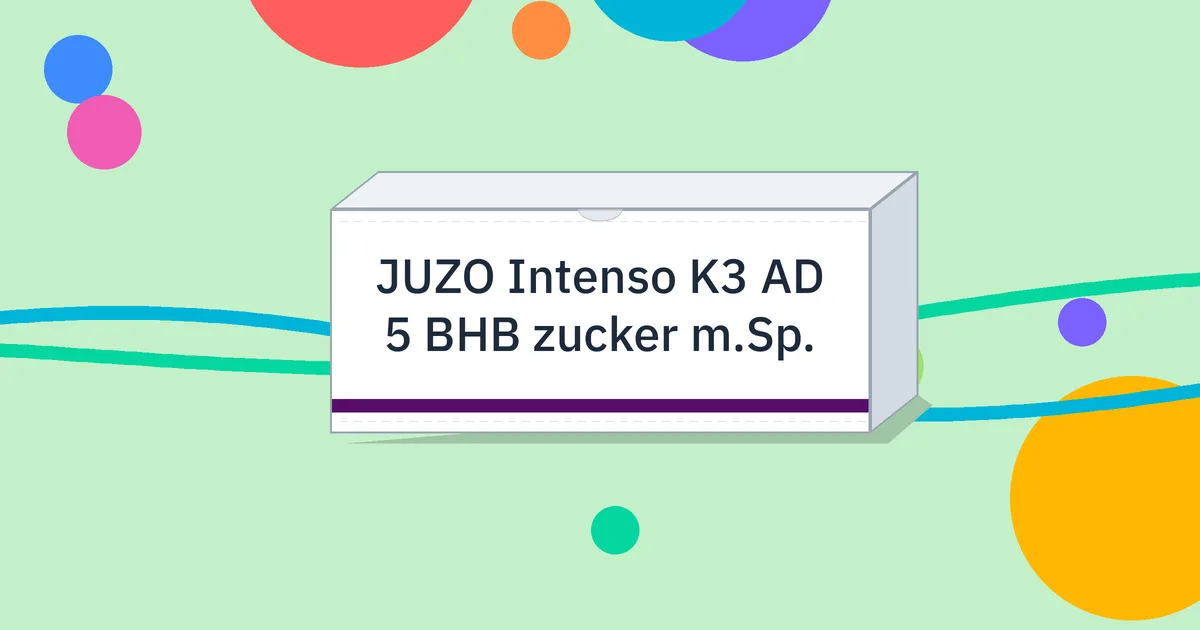 Symbolbild: Packung mit der Aufschrift JUZO Intenso K3 AD 5 BHB zucker m.Sp. (PZN 18634202) – Verfügbarkeit und Bezug in Apotheken in Frankfurt am Main
