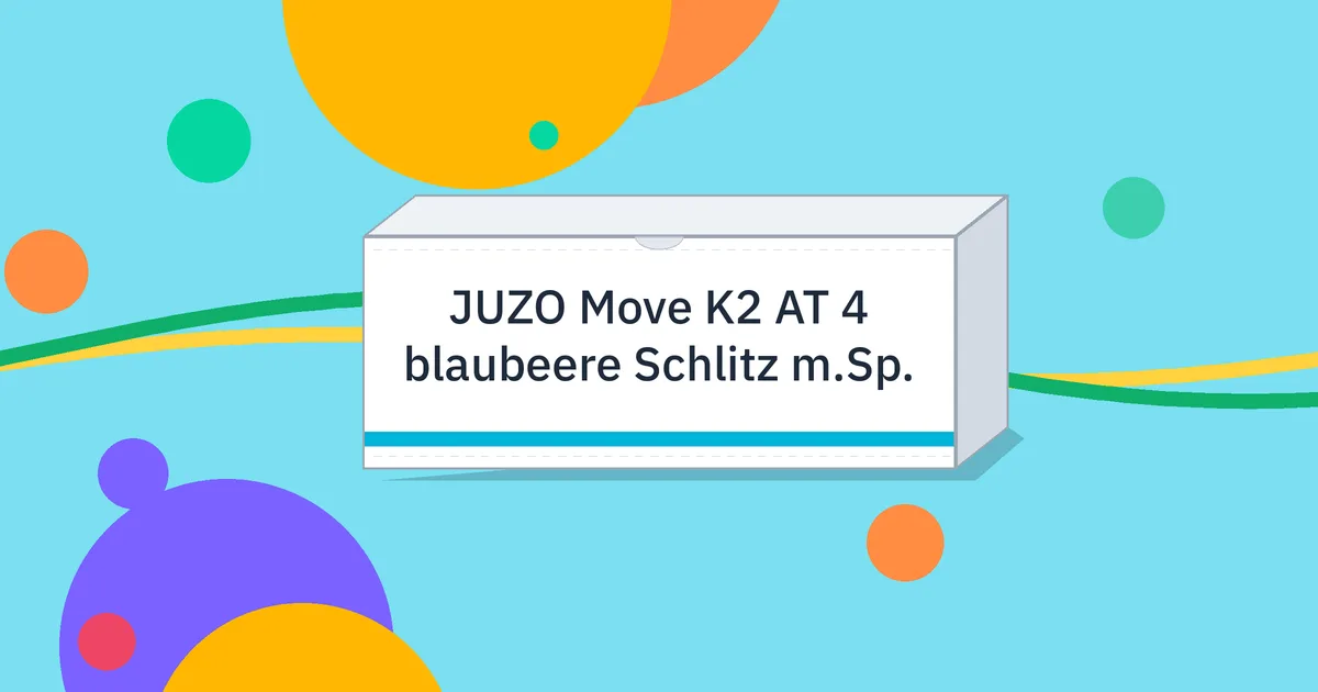 Symbolbild: Packung mit der Aufschrift JUZO Move K2 AT 4 blaubeere Schlitz m.Sp. (PZN 20668763) – Verfügbarkeit und Bezug in Apotheken in Frankfurt am Main