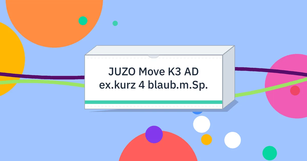 Symbolbild: Packung mit der Aufschrift JUZO Move K3 AD ex.kurz 4 blaub.m.Sp. (PZN 18573156) – Verfügbarkeit und Bezug in Apotheken in Frankfurt am Main
