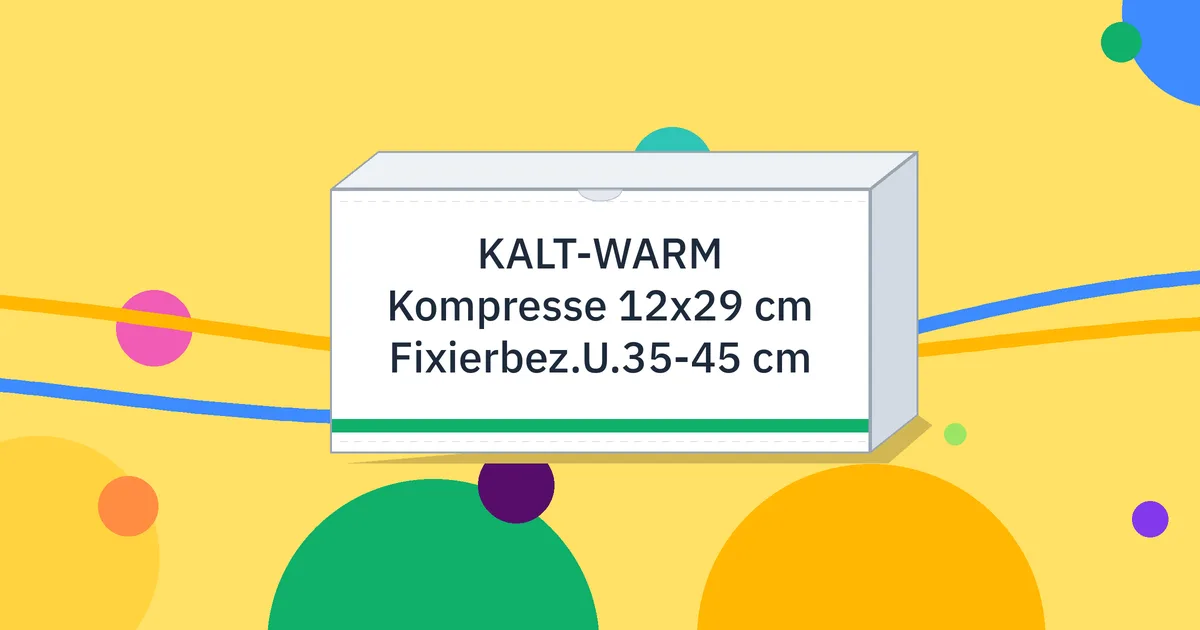 Symbolbild: Packung mit der Aufschrift KALT-WARM Kompresse 12x29 cm Fixierbez.U.35-45 cm (PZN 03903079) – Verfügbarkeit und Bezug in Apotheken in Frankfurt am Main