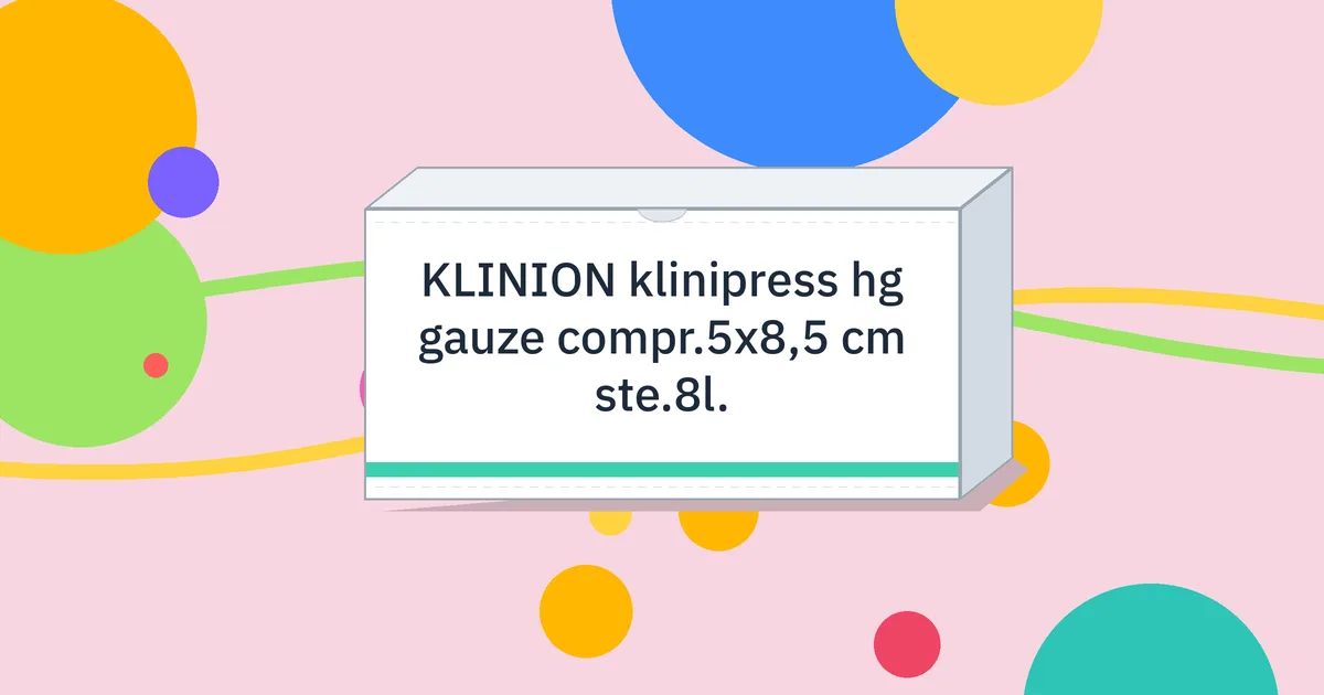 Symbolbild: Packung mit der Aufschrift KLINION klinipress hg gauze compr.5x8,5 cm ste.8l. (PZN 19808667) – Verfügbarkeit und Bezug in Apotheken in Frankfurt am Main