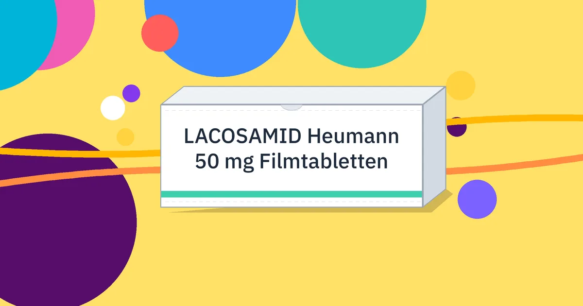 Symbolbild: Packung mit der Aufschrift LACOSAMID Heumann 50 mg Filmtabletten (PZN 16358206) – Verfügbarkeit und Bezug in Apotheken in Frankfurt am Main
