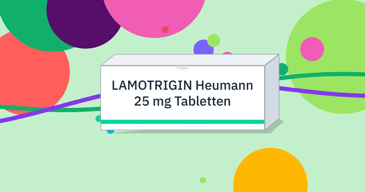 Symbolbild: Packung mit der Aufschrift LAMOTRIGIN Heumann 25 mg Tabletten (PZN 09687381) – Verfügbarkeit und Bezug in Apotheken in Frankfurt am Main