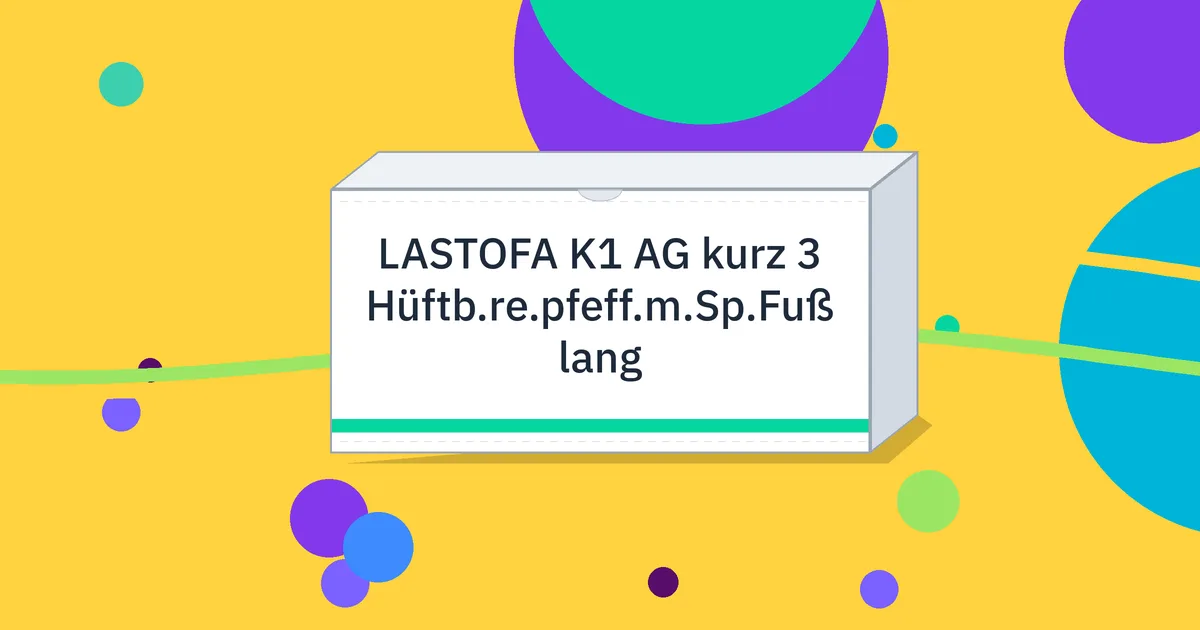 Symbolbild: Packung mit der Aufschrift LASTOFA K1 AG kurz 3 Hüftb.re.pfeff.m.Sp.Fuß lang (PZN 13798258) – Verfügbarkeit und Bezug in Apotheken in Frankfurt am Main