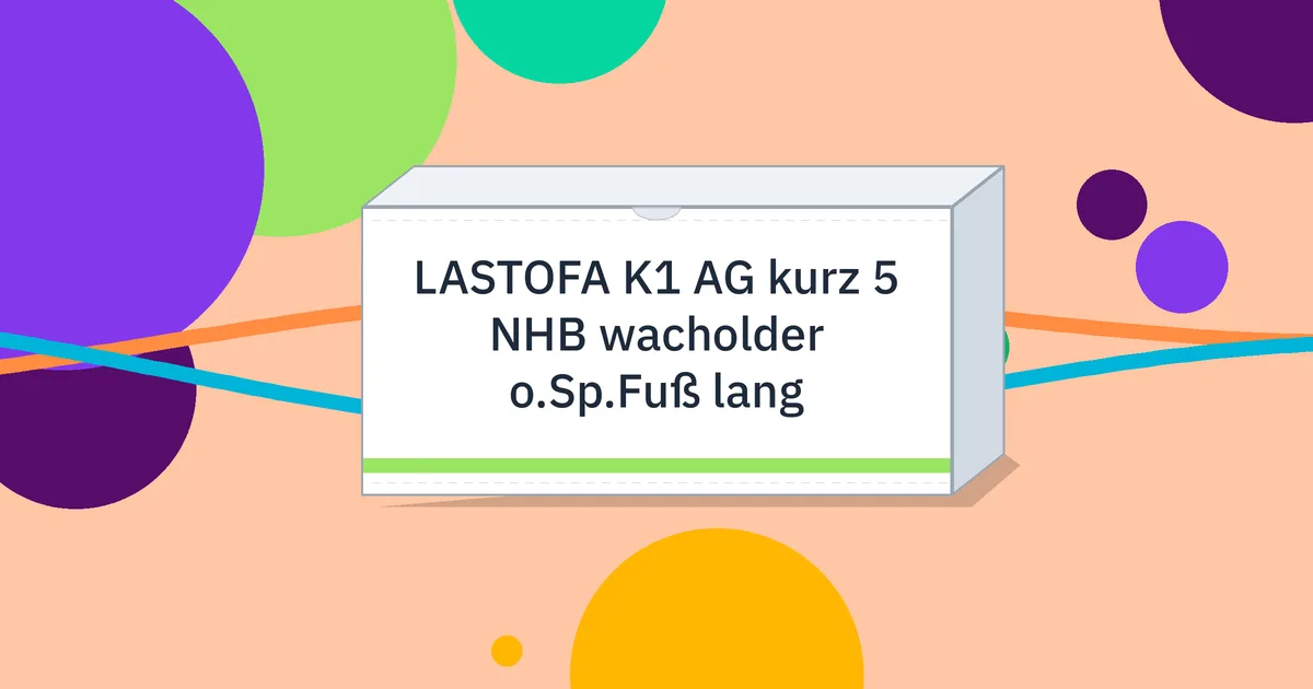 Symbolbild: Packung mit der Aufschrift LASTOFA K1 AG kurz 5 NHB wacholder o.Sp.Fuß lang (PZN 14148769) – Verfügbarkeit und Bezug in Apotheken in Frankfurt am Main