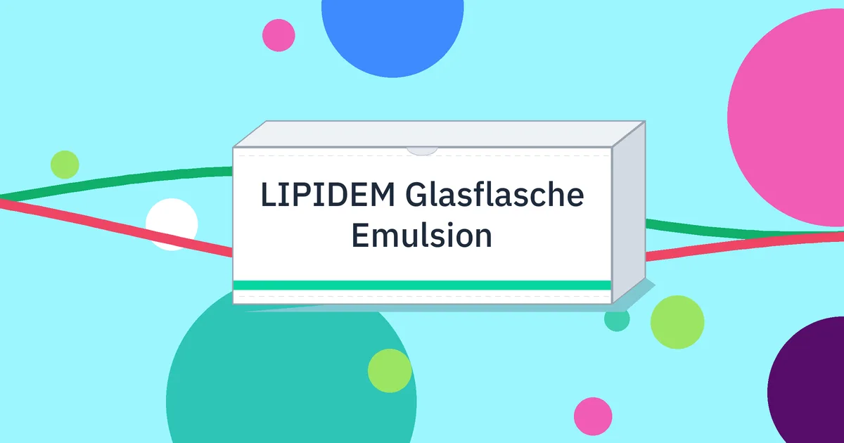 Symbolbild: Packung mit der Aufschrift LIPIDEM Glasflasche Emulsion (PZN 04237727) – Verfügbarkeit und Bezug in Apotheken in Frankfurt am Main