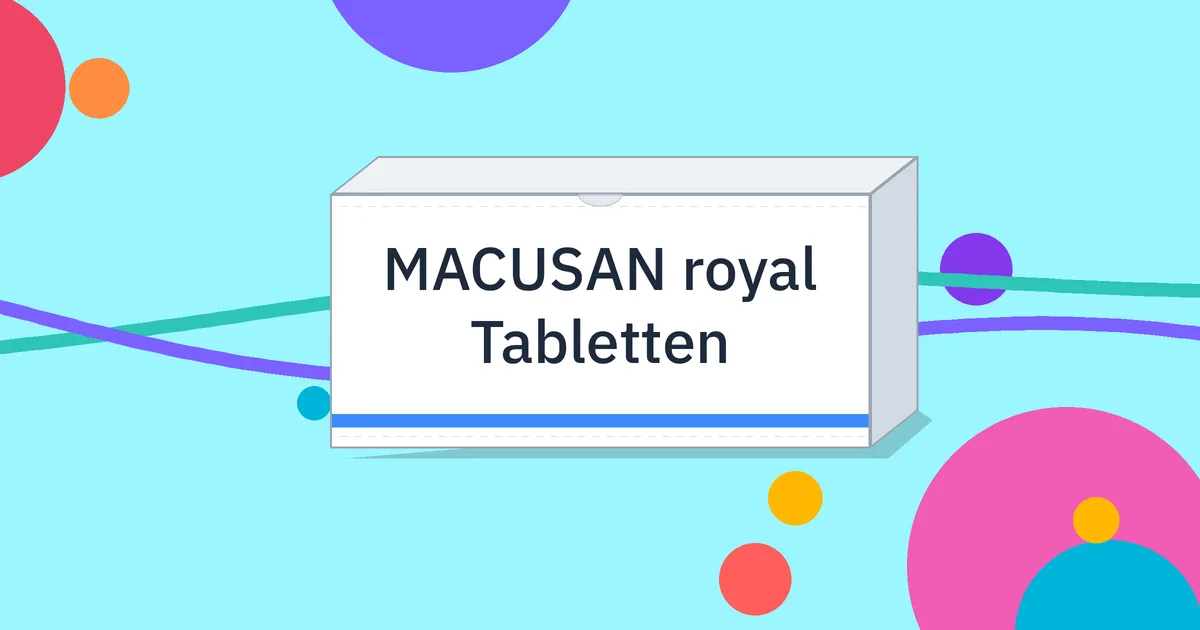 Symbolbild: Packung mit der Aufschrift MACUSAN royal Tabletten (PZN 09522421) – Verfügbarkeit und Bezug in Apotheken in Frankfurt am Main