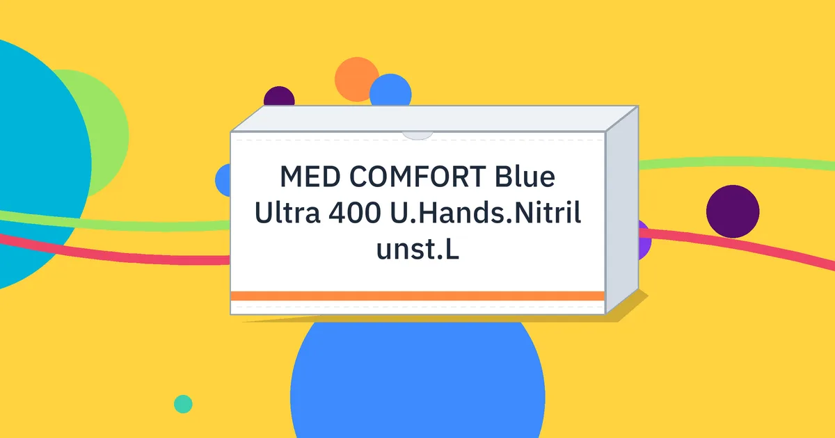 Symbolbild: Packung mit der Aufschrift MED COMFORT Blue Ultra 400 U.Hands.Nitril unst.L (PZN 15318386) – Verfügbarkeit und Bezug in Apotheken in Frankfurt am Main
