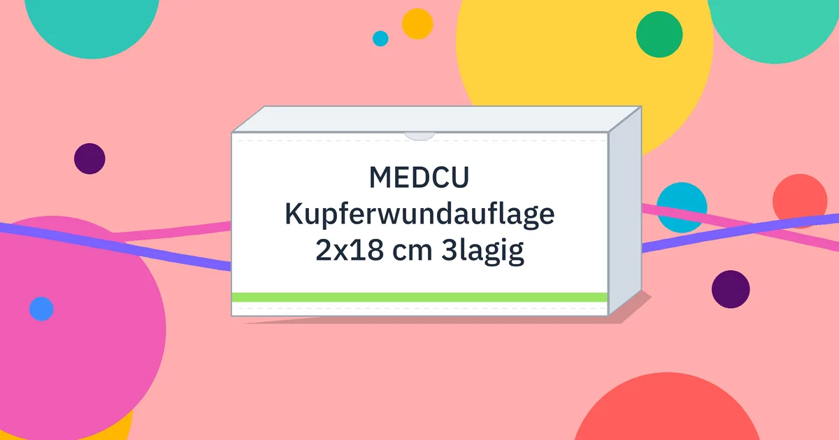Symbolbild: Packung mit der Aufschrift MEDCU Kupferwundauflage 2x18 cm 3lagig (PZN 20896748) – Verfügbarkeit und Bezug in Apotheken in Frankfurt am Main