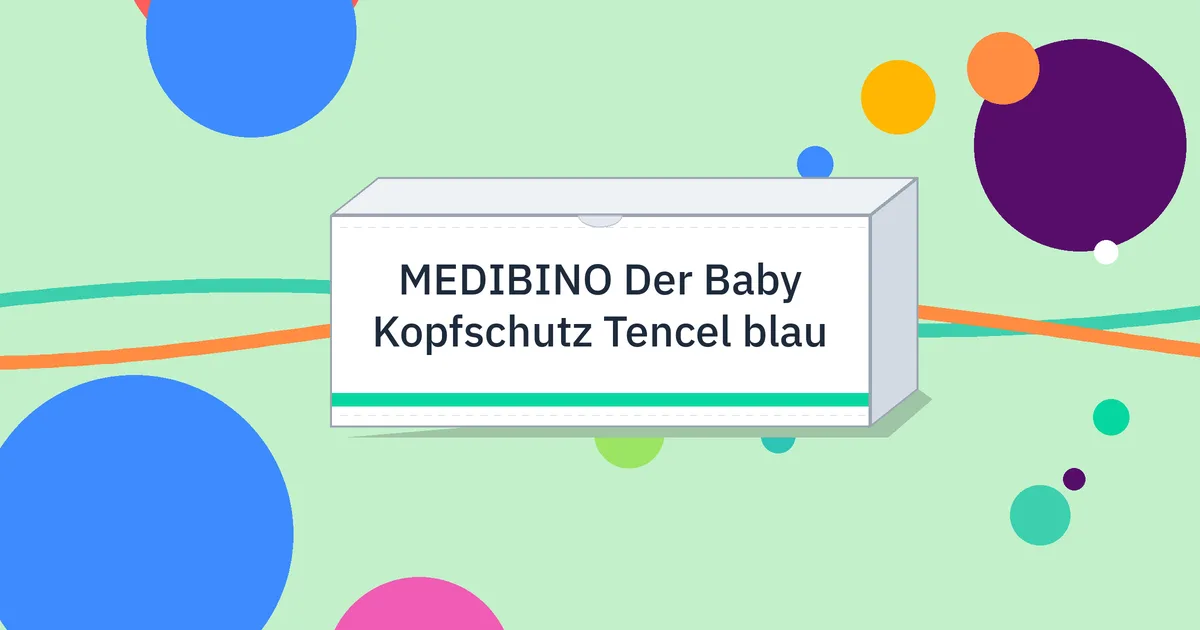 Symbolbild: Packung mit der Aufschrift MEDIBINO Der Baby Kopfschutz Tencel blau (PZN 16387449) – Verfügbarkeit und Bezug in Apotheken in Frankfurt am Main