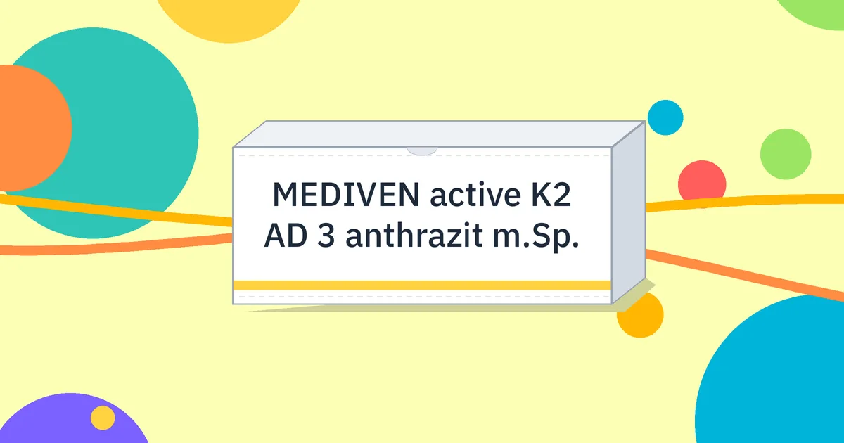 Symbolbild: Packung mit der Aufschrift MEDIVEN active K2 AD 3 anthrazit m.Sp. (PZN 14553151) – Verfügbarkeit und Bezug in Apotheken in Frankfurt am Main