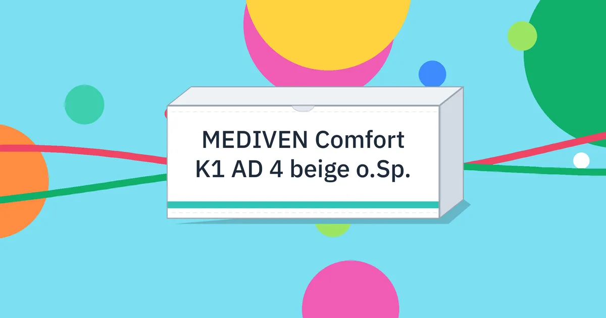 Symbolbild: Packung mit der Aufschrift MEDIVEN Comfort K1 AD 4 beige o.Sp. (PZN 14559343) – Verfügbarkeit und Bezug in Apotheken in Frankfurt am Main