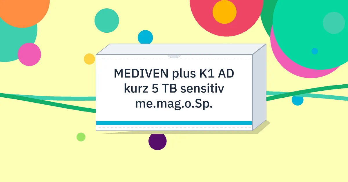 Symbolbild: Packung mit der Aufschrift MEDIVEN plus K1 AD kurz 5 TB sensitiv me.mag.o.Sp. (PZN 15053663) – Verfügbarkeit und Bezug in Apotheken in Frankfurt am Main