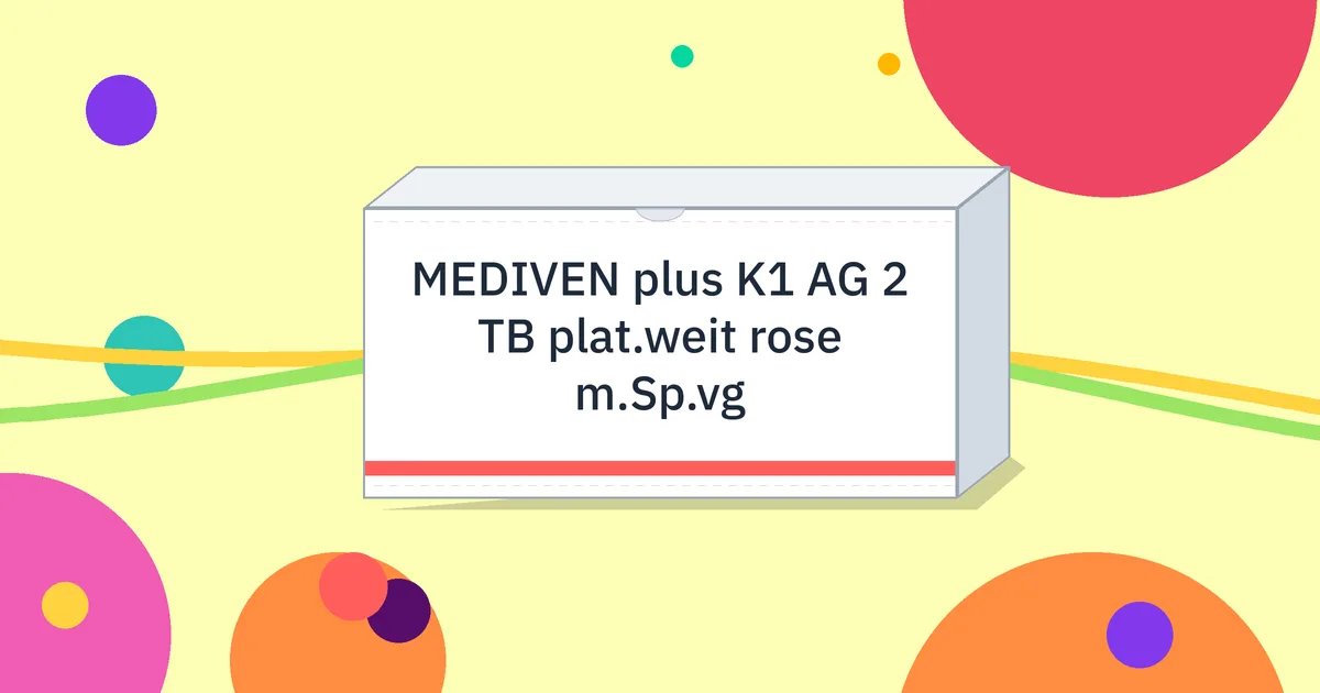 Symbolbild: Packung mit der Aufschrift MEDIVEN plus K1 AG 2 TB plat.weit rose m.Sp.vg (PZN 15061384) – Verfügbarkeit und Bezug in Apotheken in Frankfurt am Main