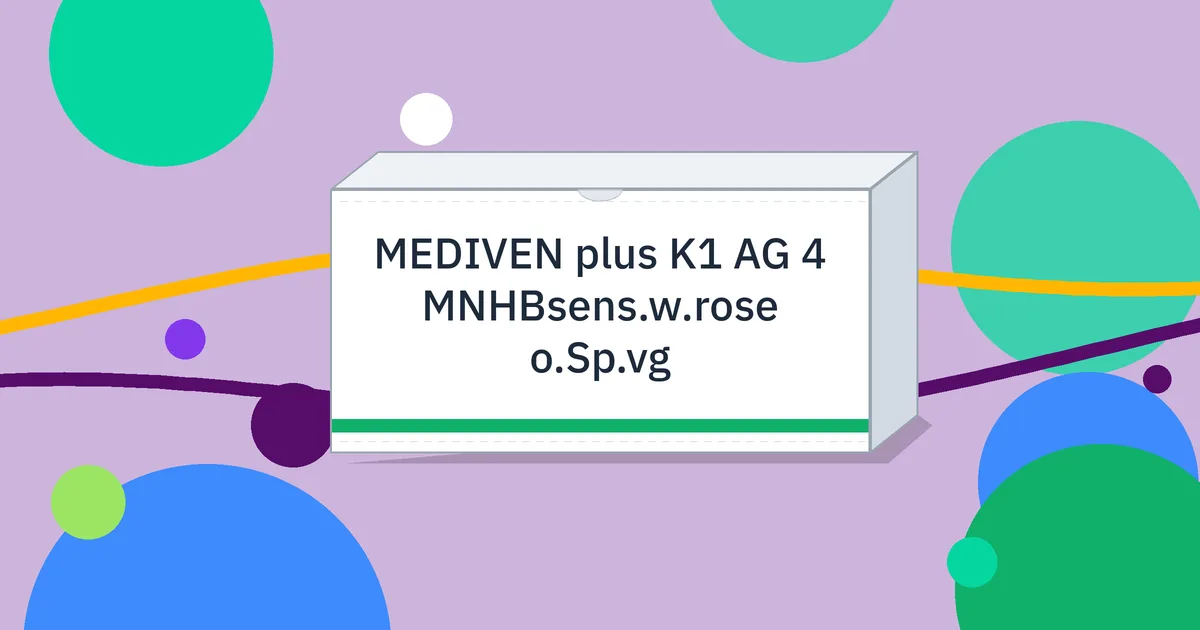 Symbolbild: Packung mit der Aufschrift MEDIVEN plus K1 AG 4 MNHBsens.w.rose o.Sp.vg (PZN 15918525) – Verfügbarkeit und Bezug in Apotheken in Frankfurt am Main
