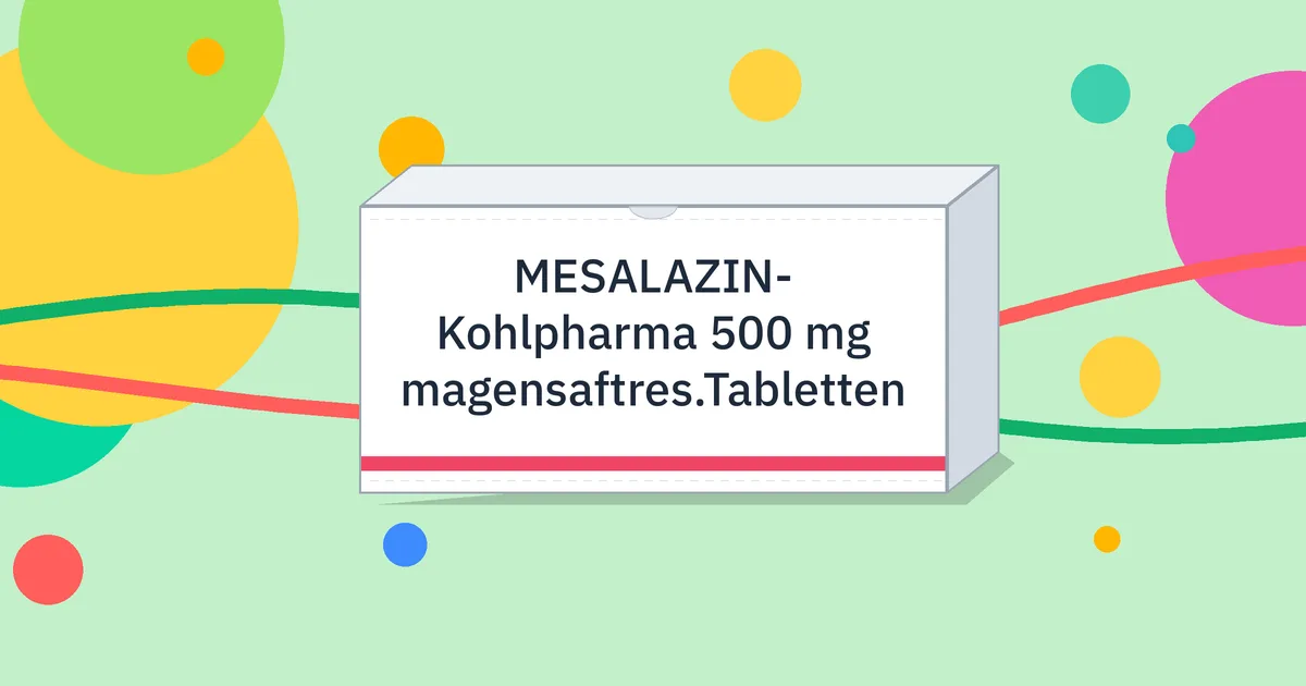 Symbolbild: Packung mit der Aufschrift MESALAZIN-Kohlpharma 500 mg magensaftres.Tabletten (PZN 09176781) – Verfügbarkeit und Bezug in Apotheken in Frankfurt am Main