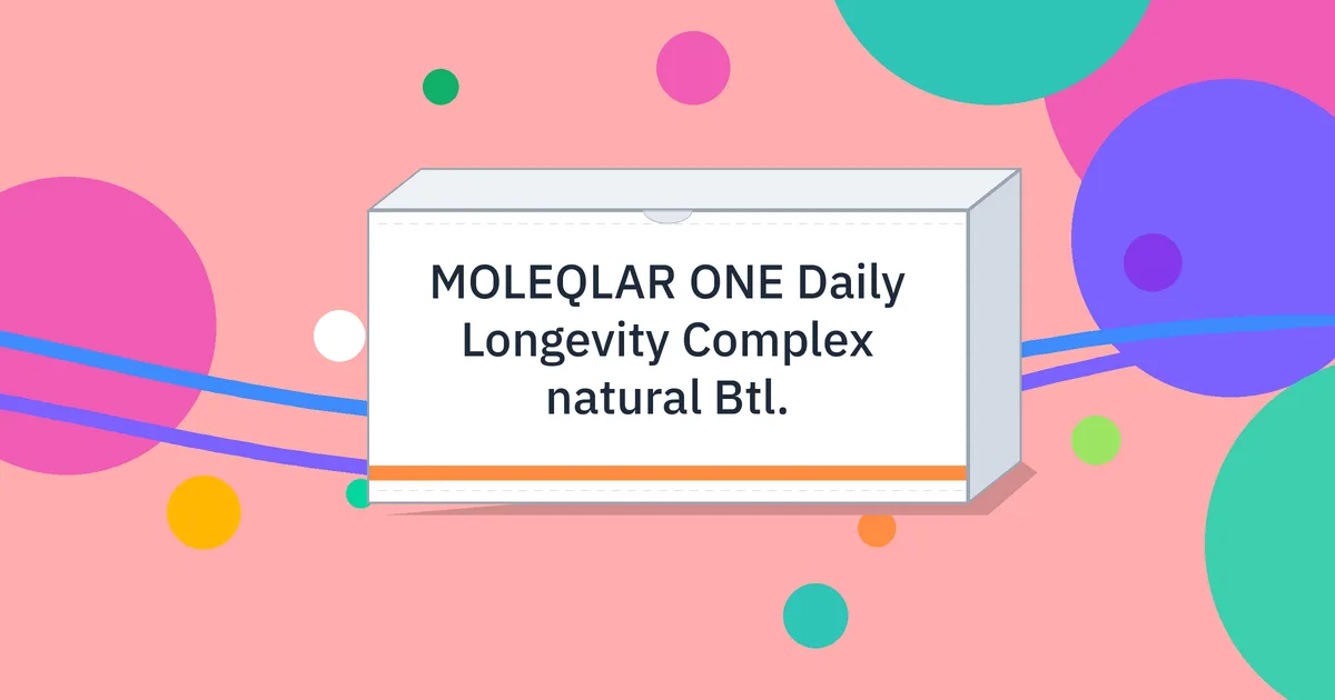 Symbolbild: Packung mit der Aufschrift MOLEQLAR ONE Daily Longevity Complex natural Btl. (PZN 20584285) – Verfügbarkeit und Bezug in Apotheken in Frankfurt am Main