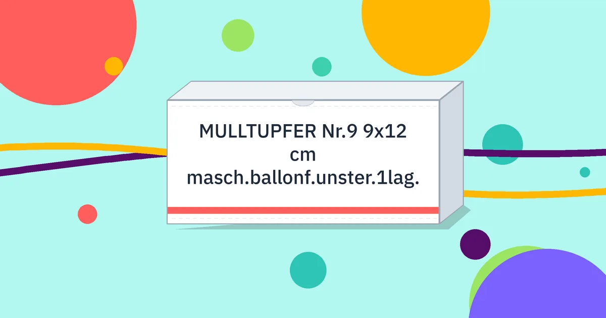 Symbolbild: Packung mit der Aufschrift MULLTUPFER Nr.9 9x12 cm masch.ballonf.unster.1lag. (PZN 04050727) – Verfügbarkeit und Bezug in Apotheken in Frankfurt am Main