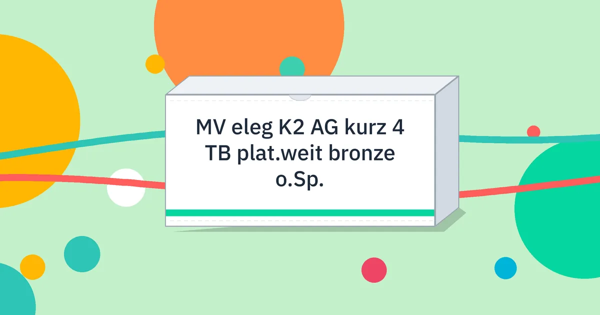 Symbolbild: Packung mit der Aufschrift MV eleg K2 AG kurz 4 TB plat.weit bronze o.Sp. (PZN 14715961) – Verfügbarkeit und Bezug in Apotheken in Frankfurt am Main