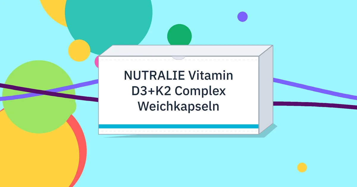 Symbolbild: Packung mit der Aufschrift NUTRALIE Vitamin D3+K2 Complex Weichkapseln (PZN 18408090) – Verfügbarkeit und Bezug in Apotheken in Frankfurt am Main