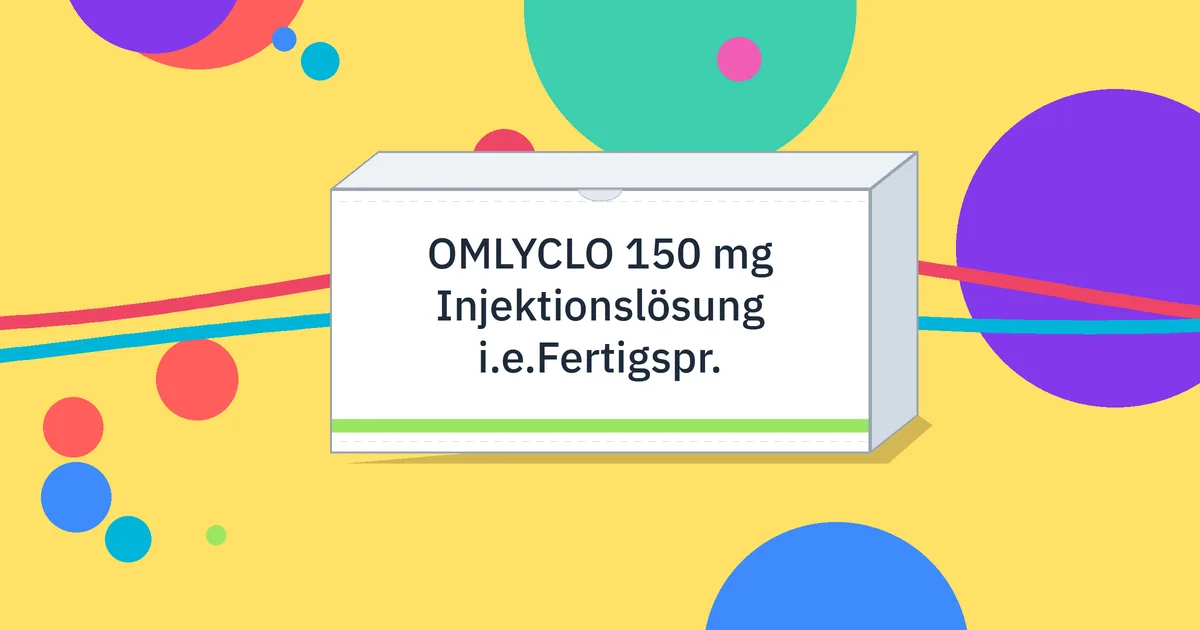 Symbolbild: Packung mit der Aufschrift OMLYCLO 150 mg Injektionslösung i.e.Fertigspr. (PZN 20186610) – Verfügbarkeit und Bezug in Apotheken in Frankfurt am Main