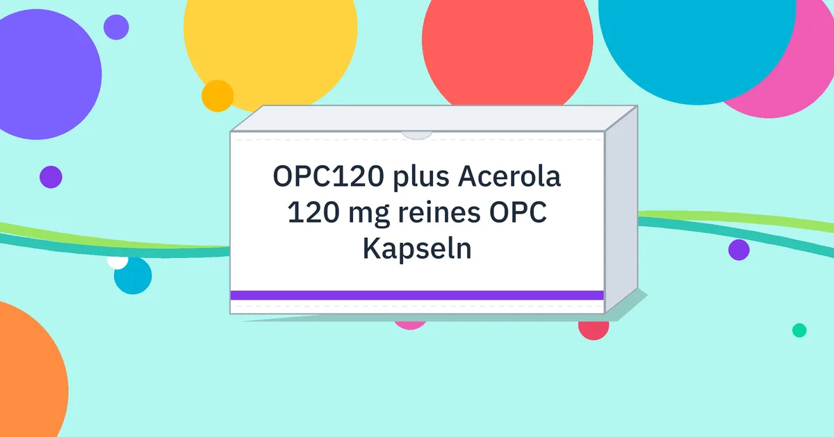 Symbolbild: Packung mit der Aufschrift OPC120 plus Acerola 120 mg reines OPC Kapseln (PZN 10797732) – Verfügbarkeit und Bezug in Apotheken in Frankfurt am Main