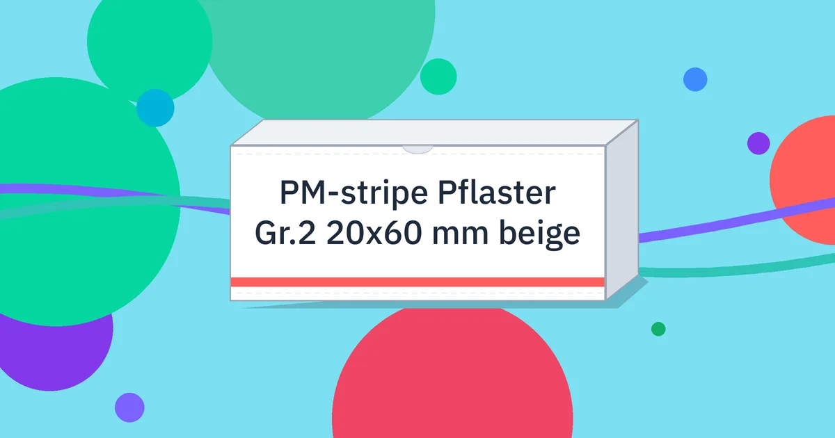 Symbolbild: Packung mit der Aufschrift PM-stripe Pflaster Gr.2 20x60 mm beige (PZN 18844721) – Verfügbarkeit und Bezug in Apotheken in Frankfurt am Main