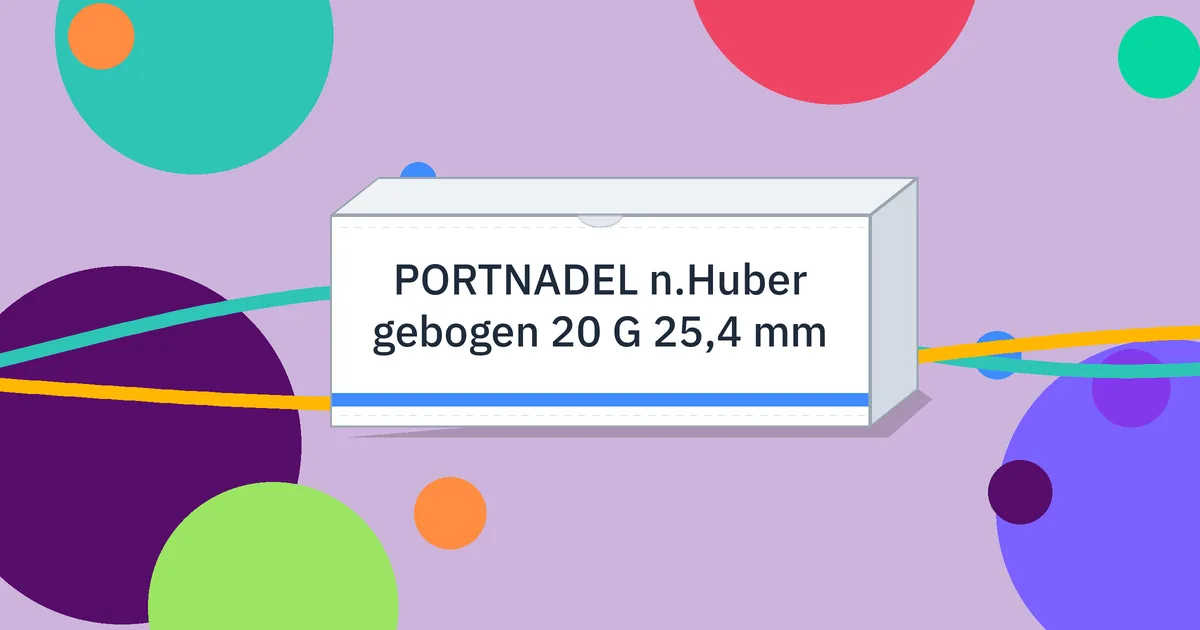 Symbolbild: Packung mit der Aufschrift PORTNADEL n.Huber gebogen 20 G 25,4 mm (PZN 09314875) – Verfügbarkeit und Bezug in Apotheken in Frankfurt am Main