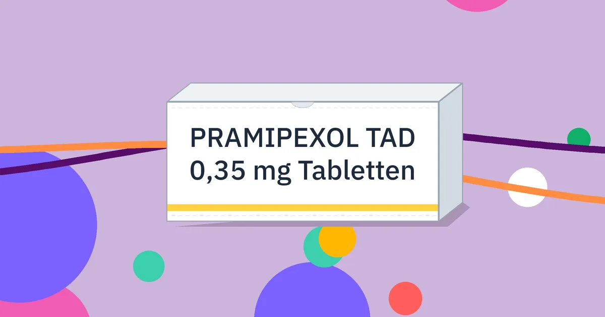 Symbolbild: Packung mit der Aufschrift PRAMIPEXOL TAD 0,35 mg Tabletten (PZN 09197441) – Verfügbarkeit und Bezug in Apotheken in Frankfurt am Main