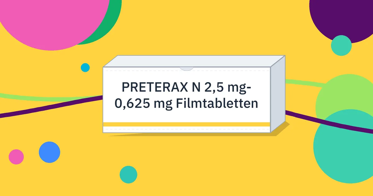 Symbolbild: Packung mit der Aufschrift PRETERAX N 2,5 mg-0,625 mg Filmtabletten (PZN 18747320) – Verfügbarkeit und Bezug in Apotheken in Frankfurt am Main