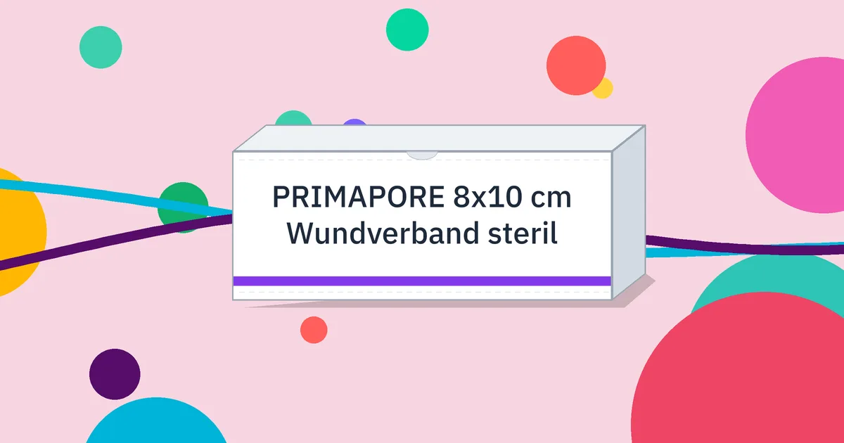 Symbolbild: Packung mit der Aufschrift PRIMAPORE 8x10 cm Wundverband steril (PZN 19703253) – Verfügbarkeit und Bezug in Apotheken in Frankfurt am Main