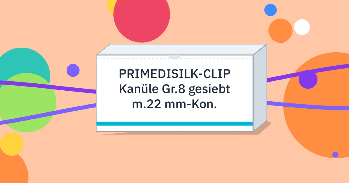 Symbolbild: Packung mit der Aufschrift PRIMEDISILK-CLIP Kanüle Gr.8 gesiebt m.22 mm-Kon. (PZN 10780660) – Verfügbarkeit und Bezug in Apotheken in Frankfurt am Main